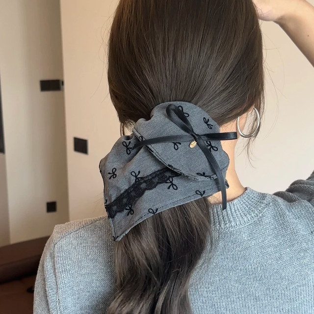 Gray Grey -bow lace hair ring large intestine hair circle square scarf ...
