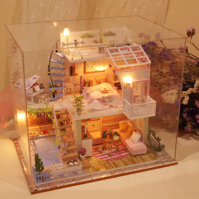 diy hut handmade mini house art villa assembled wooden model girl gift toy