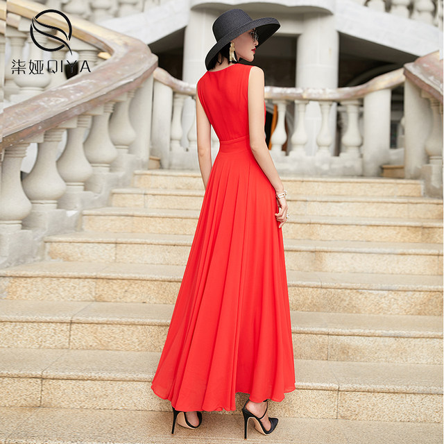 Ya Ya red chiffon dress female summer waist is thin 2024 new beach ...