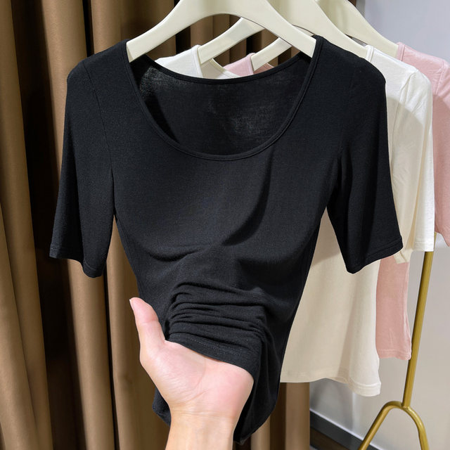Pink large round neck inner layering shirt for women summer mid-sleeve ...