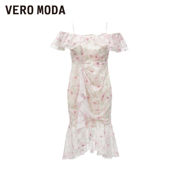 VeroModa Outlet Dress 2024 Spring and Autumn New Style Suspender One-line Collar Ruffled Floral ...