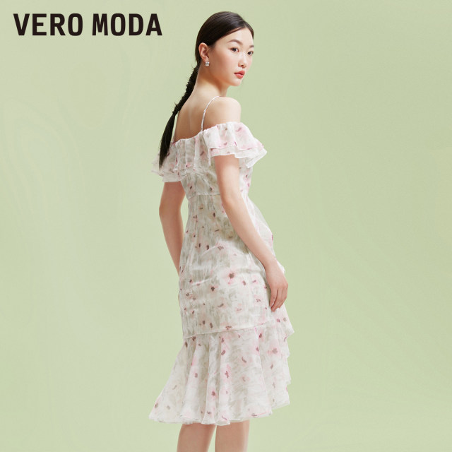 VeroModa Outlet Dress 2024 Spring and Autumn New Style Suspender One-line Collar Ruffled Floral ...