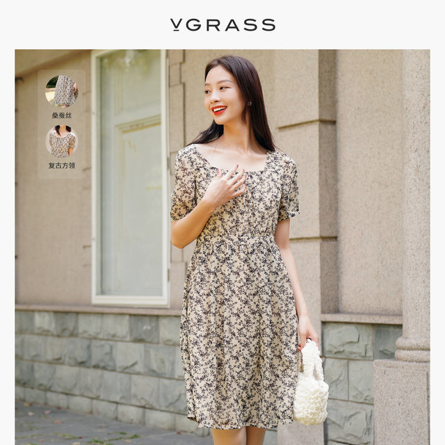 VGRASS retro square collar waist dress summer new short -sleeved floral skirt vsl2o22940