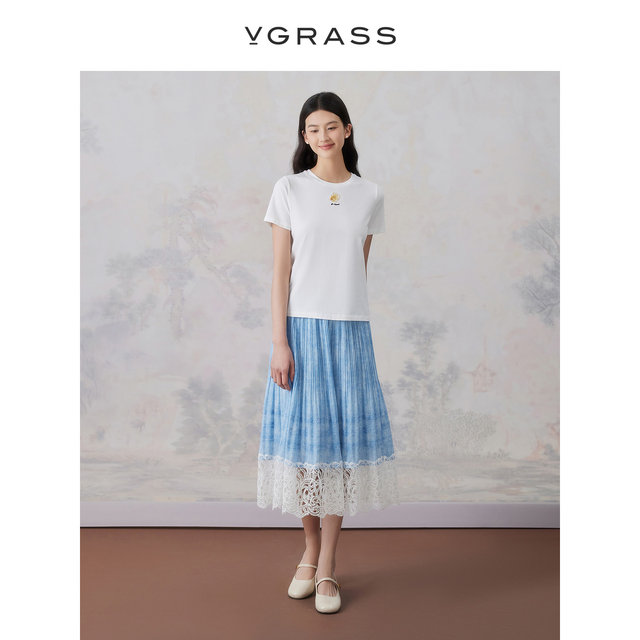 VGRASS white slim cotton short -sleeved T -shirts women spring new in -line carp embroide VST1O11900