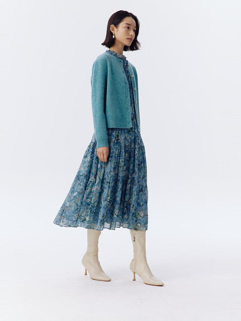 VGRASS women's silk dress 25 spring new style slightly fat waist and long sleeves