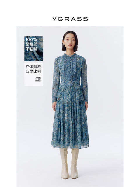 VGRASS women's silk dress 25 spring new style slightly fat waist and long sleeves