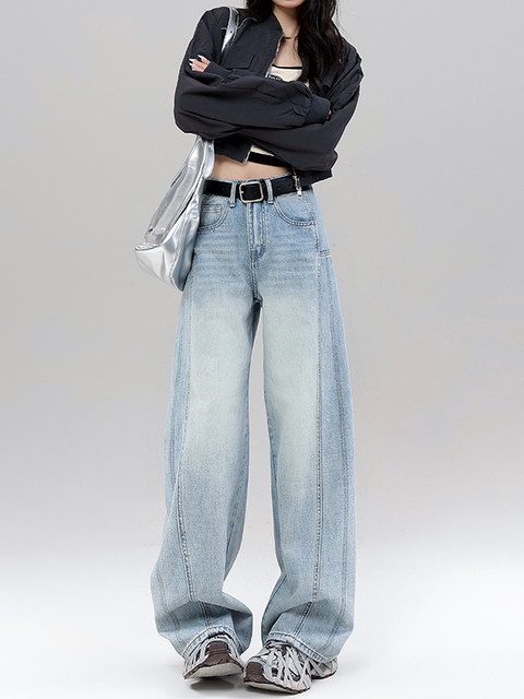 Light blue scimitar jeans for women in summer 2025 new American high waist versatile loose ...