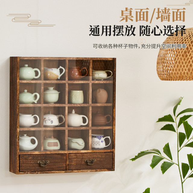 Solid wood dustproof tea cup holder tea set rack storage cabinet teapot ...