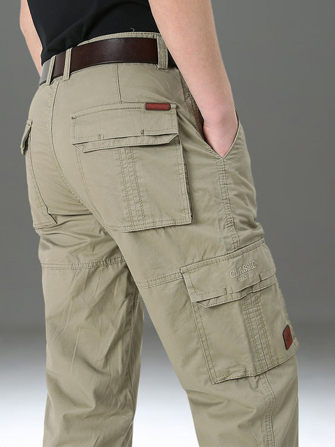 Pants Men's Autumn and Winter Thick Straight Pocket Pocket Pocket ...