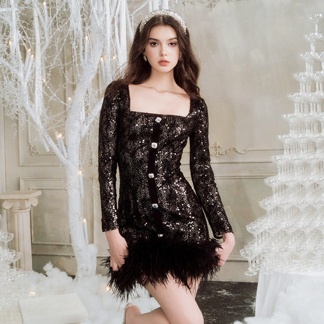 Gao Ding Feather Lace Long Sleeve Dress Autumn and Winter New Ladies ...