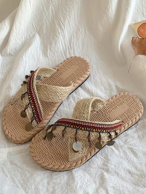ins handmade Thai style woven beach slippers for women summer outer ...