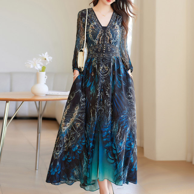 Heavy silk dress for women 2024 new summer blue v-neck three-quarter ...