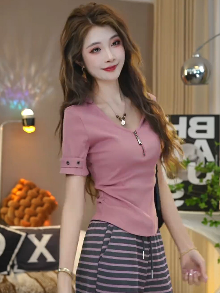 2025 Summer New Style V Neck Fashionable and Versatile Short-Sleeved T ...