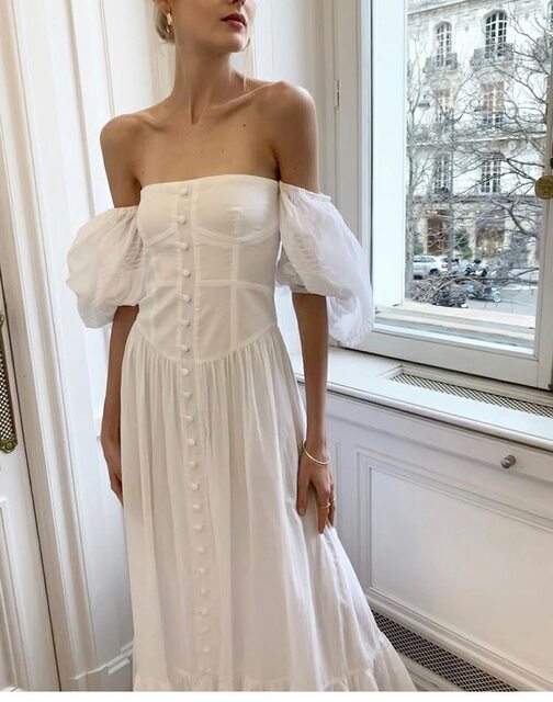 French retro white off-shoulder vacation fairy dress Simple puff sleeve ...