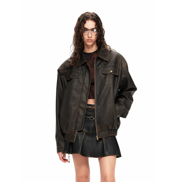 NUTH'Leather Jacket' brown leather retro washed faded loose leather jacket