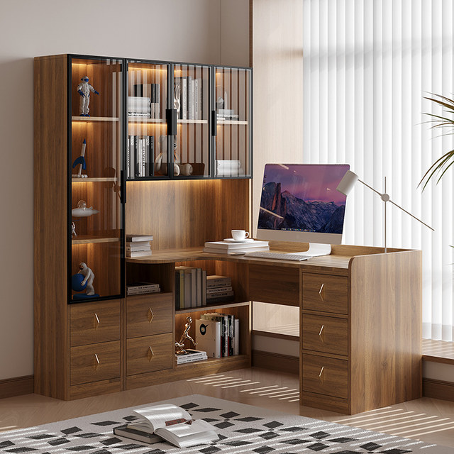 Corner desk bookshelf integrated light luxury solid wood computer desk ...