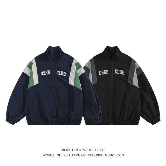 Switching fashion jacket American retro contrasting colored stitching ...