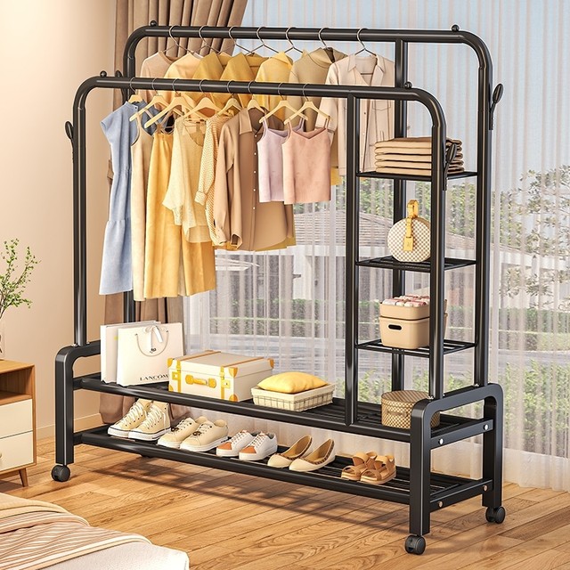 Clothes rack floor-standing bedroom home double-pole mobile clothes ...