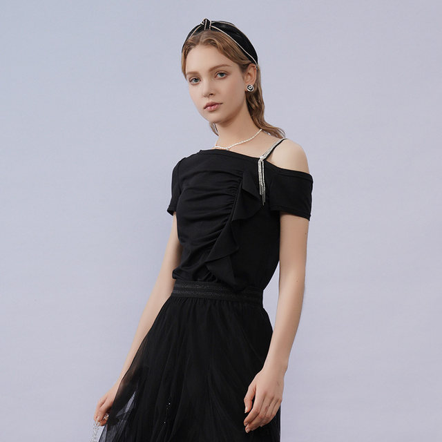 SOMSOM Summer New Style Off-shoulder Strip Slim T-shirt for Women