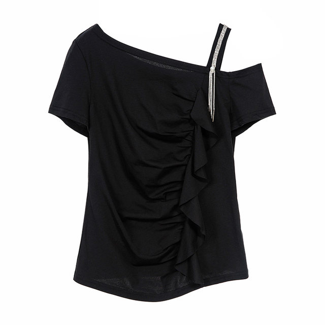 SOMSOM Summer New Style Off-shoulder Strip Slim T-shirt for Women