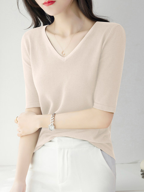 Niche yellow V-neck breathable thin base shirt for women's spring ...