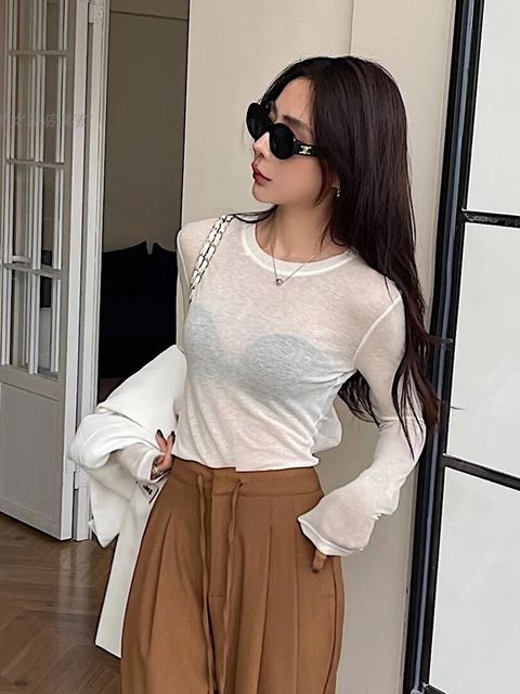 Runxi Zhenxi Round Neck Tencel Wool Long-Sleeved T-Shirt for Women Spring & Fall Thin Slim Fit ...