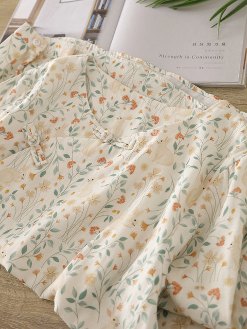 Summer literary retro printed slanted placket button cotton tile shirt ...