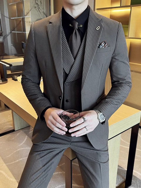 Van Woli textured gray striped suit men's suit autumn and winter ...