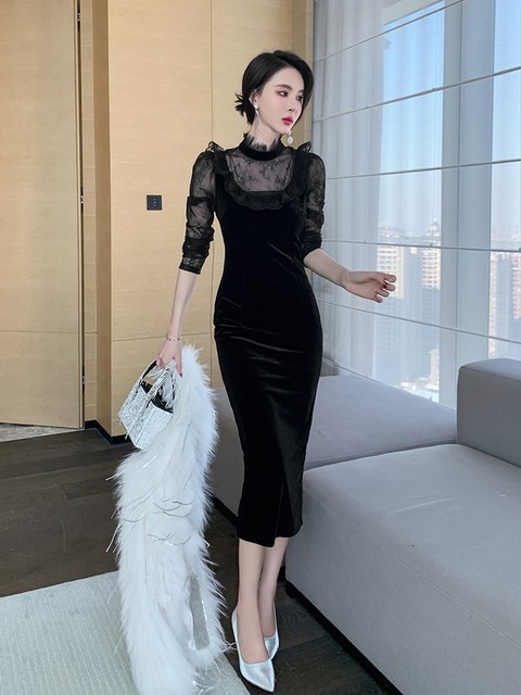 French retro Hepburn style inner hip-hugging skirt, slim and slim black ...