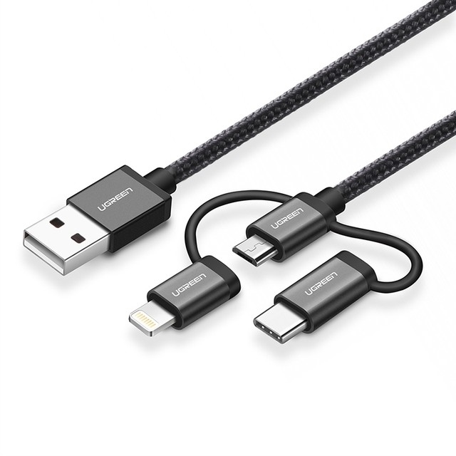 Green Union three-in-one data cable, one drag, three heads, 3 fast-charge, multi-function tablet ...