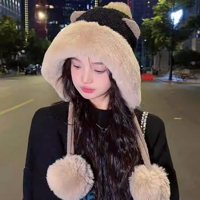 Hat girl winter Korean version of the versatile cute ears wool hat plus the damper thunderbolt ...