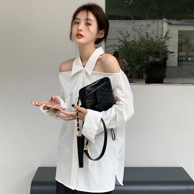 One-shoulder halter neck long-sleeved shirt women's spring and autumn ...