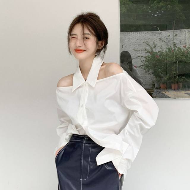 One-shoulder halter neck long-sleeved shirt women's spring and autumn ...