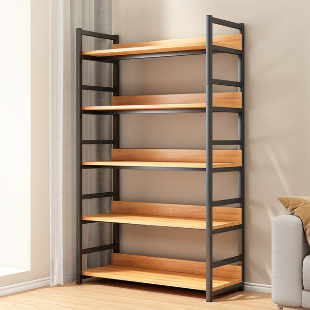 Bookshelf floor-standing storage rack bookcase steel wood home library ...