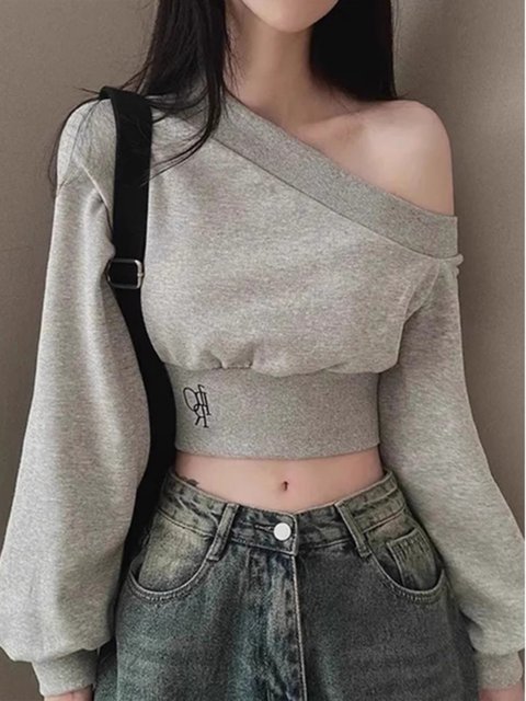 American hot girl slanted neck off-shoulder sweatshirt for women 2024 ...