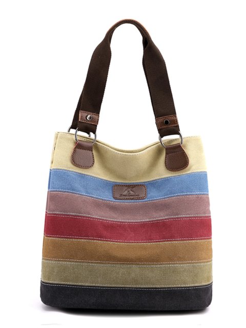 Striped Contrasting Color Stitching Canvas Bag Women's Bag 2025 New ...