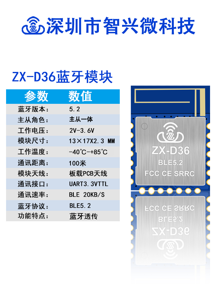 ZX-D36无线串口透传蓝牙模块BLE5.2主从一体低功耗小尺寸模组
