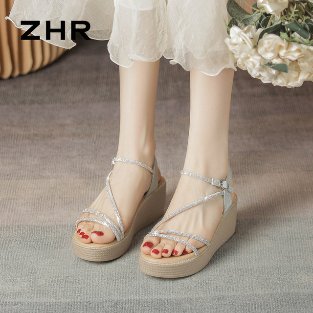 ZHR Roman sandals women's 2024 new summer one-word with rhinestone ...