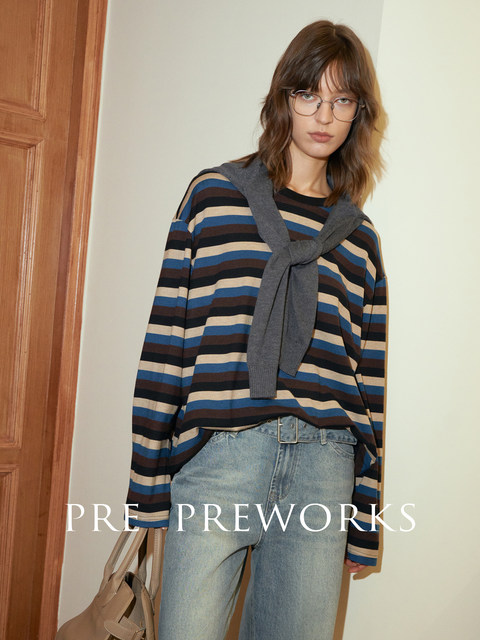 PRE PREWORKS slack and stylish artistic color matching striped shoulder-fall loose lazy sweater/top