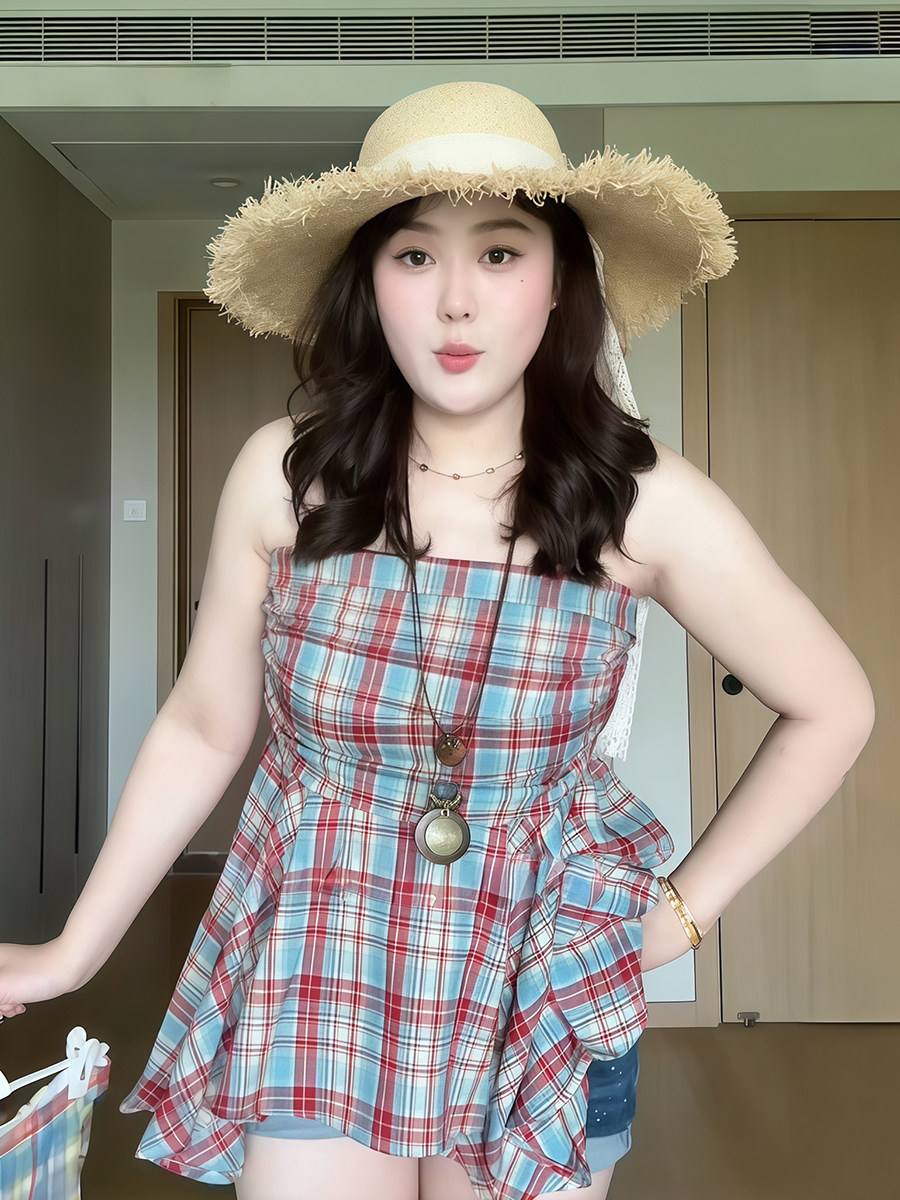 Large size women's French retro plaid suspender vest in summer slightly fat MM slim and slim ...