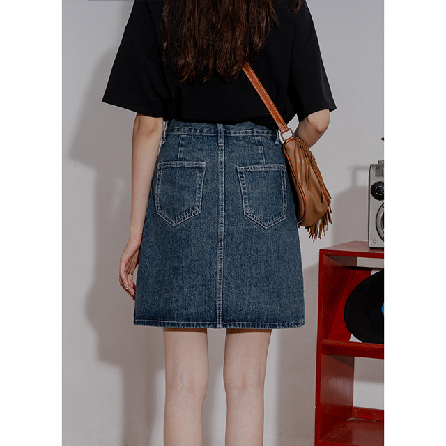 Retro denim high -waist A -line short skirt Female fashionable ...