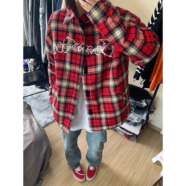 Guo Chao brand American retro high street red grid shirt female spring ...