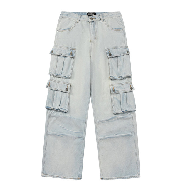 IREX flat pants! American heavy-duty washed light blue multi-pocket ...