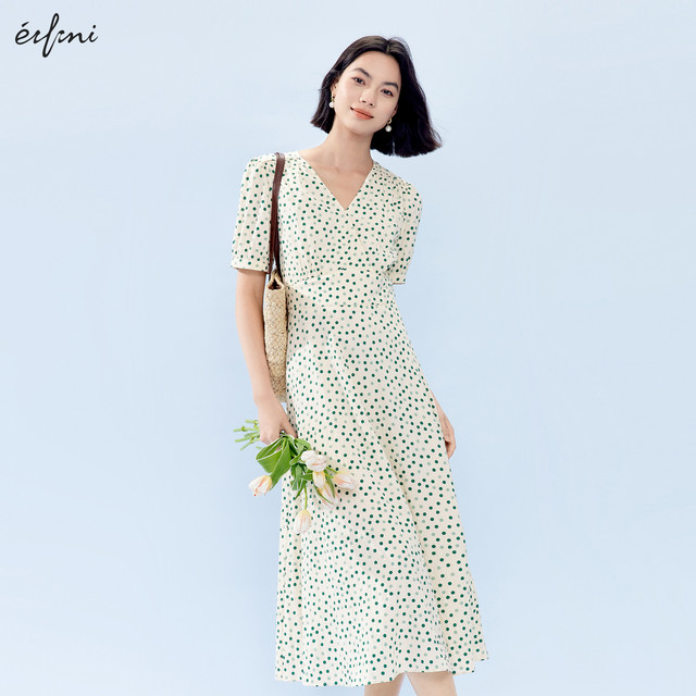 Evili V -neck Bubble Sleeve Potten French Broken Dress 2024 Summer ...