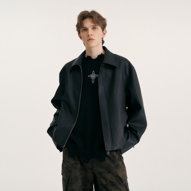 HeartBoon Protein Leather Lapel Jacket 2024 Autumn New American Retro ...