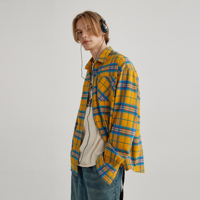 HeartBoon yellow plaid long-sleeved shirt for men with design sense ...