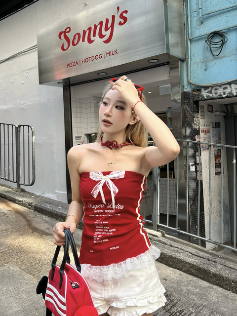 Lin Shiqi nickidail [pure desire twin ballet! Butterfly ribbon lace stitching design tube top