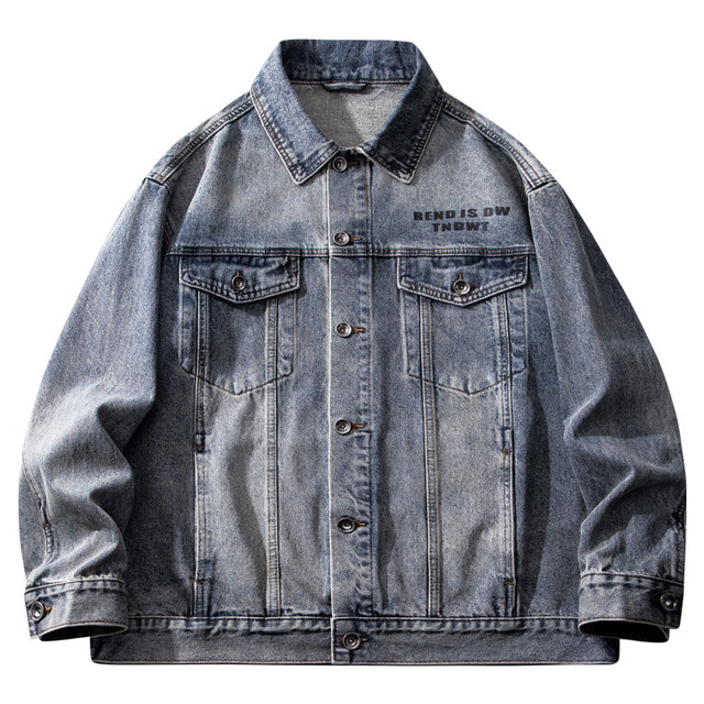 Circle texture retro letter offset washed heavy denim jacket men's ...