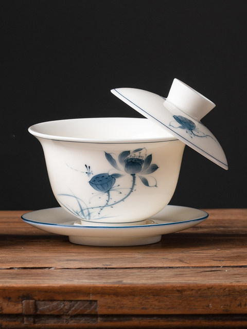 Dehua hand-painted hovering three-cai cover bowl single mutton fat jade ...