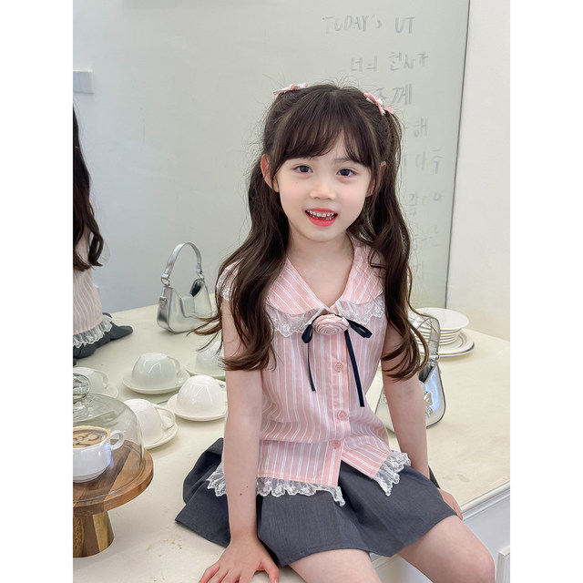 NONO CHILD Girls Summer Socialite Style Striped Lace Spliced Vest Shirt ...